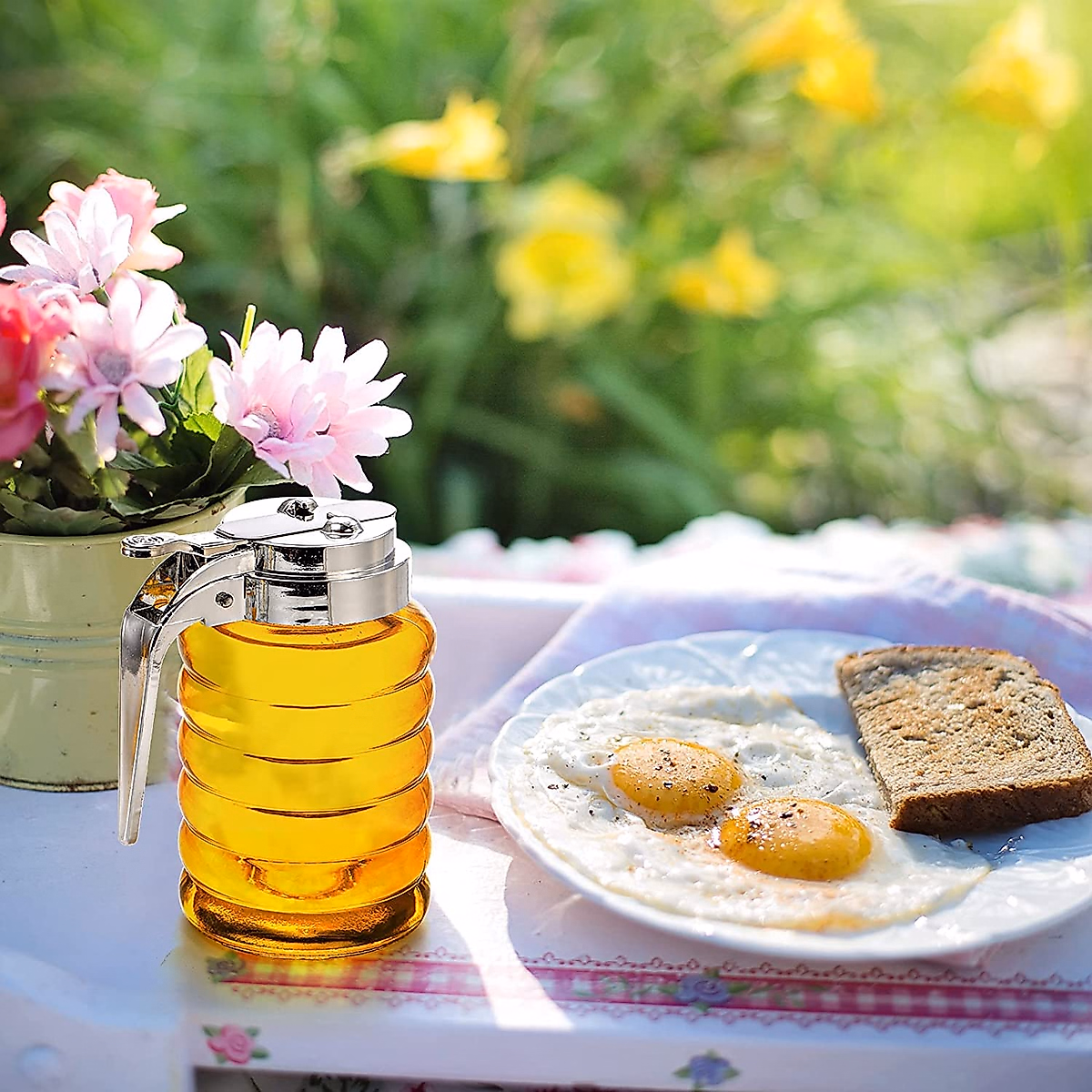 Hacaroa 4 Pack Glass Syrup Dispenser, 10 Oz Maple Syrup Pourer Container with Plastic Top, No Drip Honey Syrup Holder Dispenser Bottles for Honey, Syrup