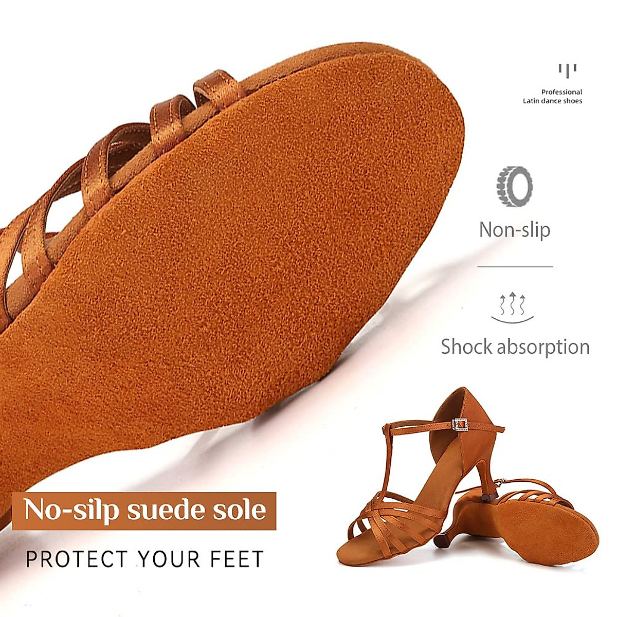 JUODVMP Women Latin Dance Shoes Brown Satin Ballroom Performance Salsa Tango Practice Dance Shoes 3inch High Heel Model WX217,8 US