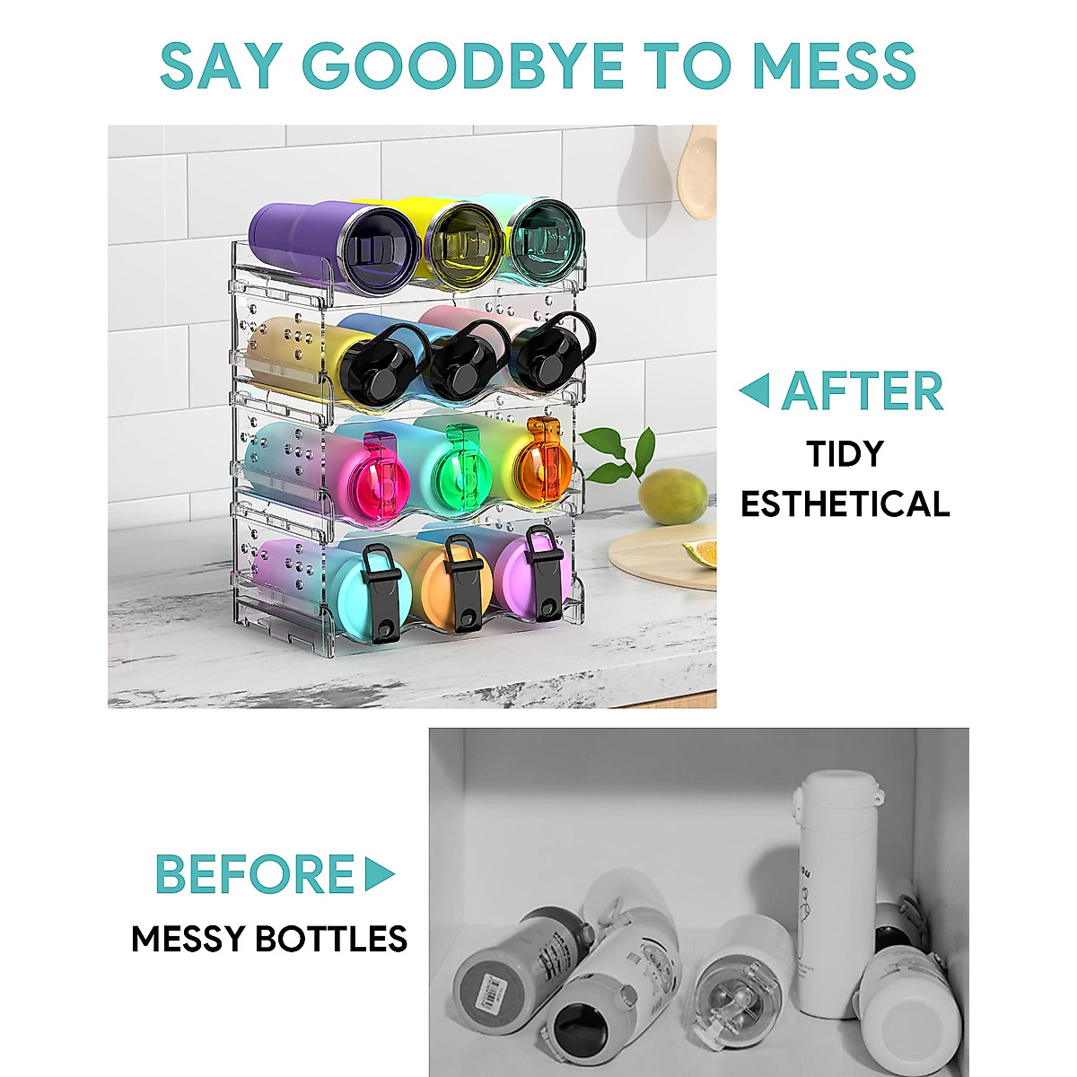 Areforic Water Bottle Organizer - 4 Pack Stackable Cup Organizer for Cabinet, Countertop, Pantry and Fridge, Free-Standing Tumbler Kitchen Storage Holder for Wine and Drink Bottles, Clear Plastic