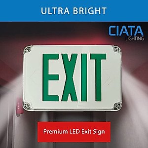 Ciata Green LED Emergency Exit Sign for Fire Escapes, Doors, and Hallways, Indoor and Outdoor Safety, Waterproof Wet Rated, Battery Backup, Universal Wall or Ceiling Mount