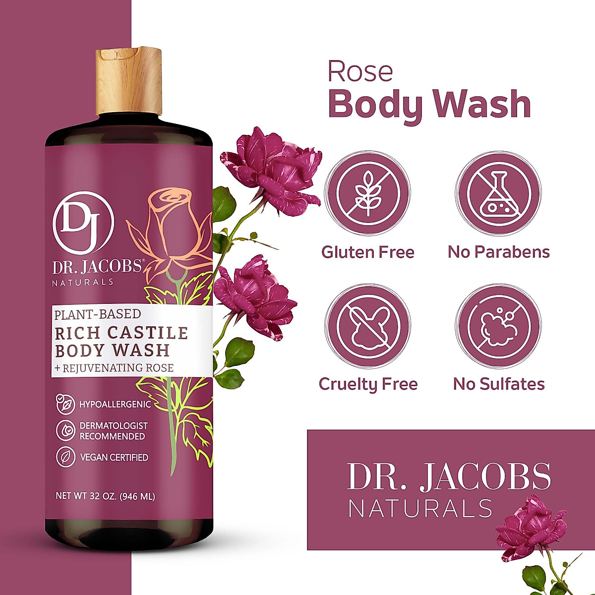 DR. JACOBS NATURALS Castile Rose All-Natural Body Wash for Moisturizing Dry and Sensitive Skin Shampoo with Plant-Based Ingredients Gluten, Preservatives-Free Formula - 32 oz, Pack of 1