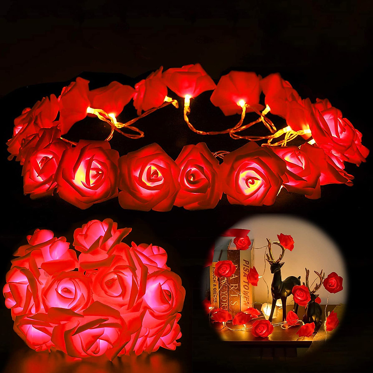 Yomiie Rose Flower String Lights Valentine's Day Decoration 6.6 ft 20 Rose Lamp Fairy String Lights, DIY Lights Decorations for Mother's Day Wedding Garden Party Decoration - Red