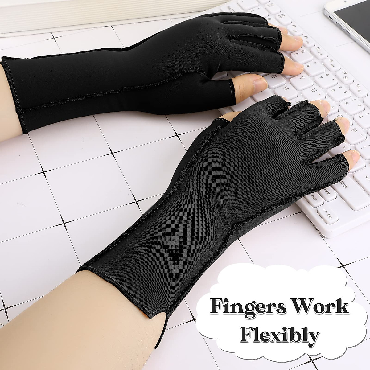 Janmercy 3 Pairs Arthritis Compression Gloves Outside Seams Fingerless Compression Gloves for Women Men Carpal Tunnel Swelling (Black, Normal)