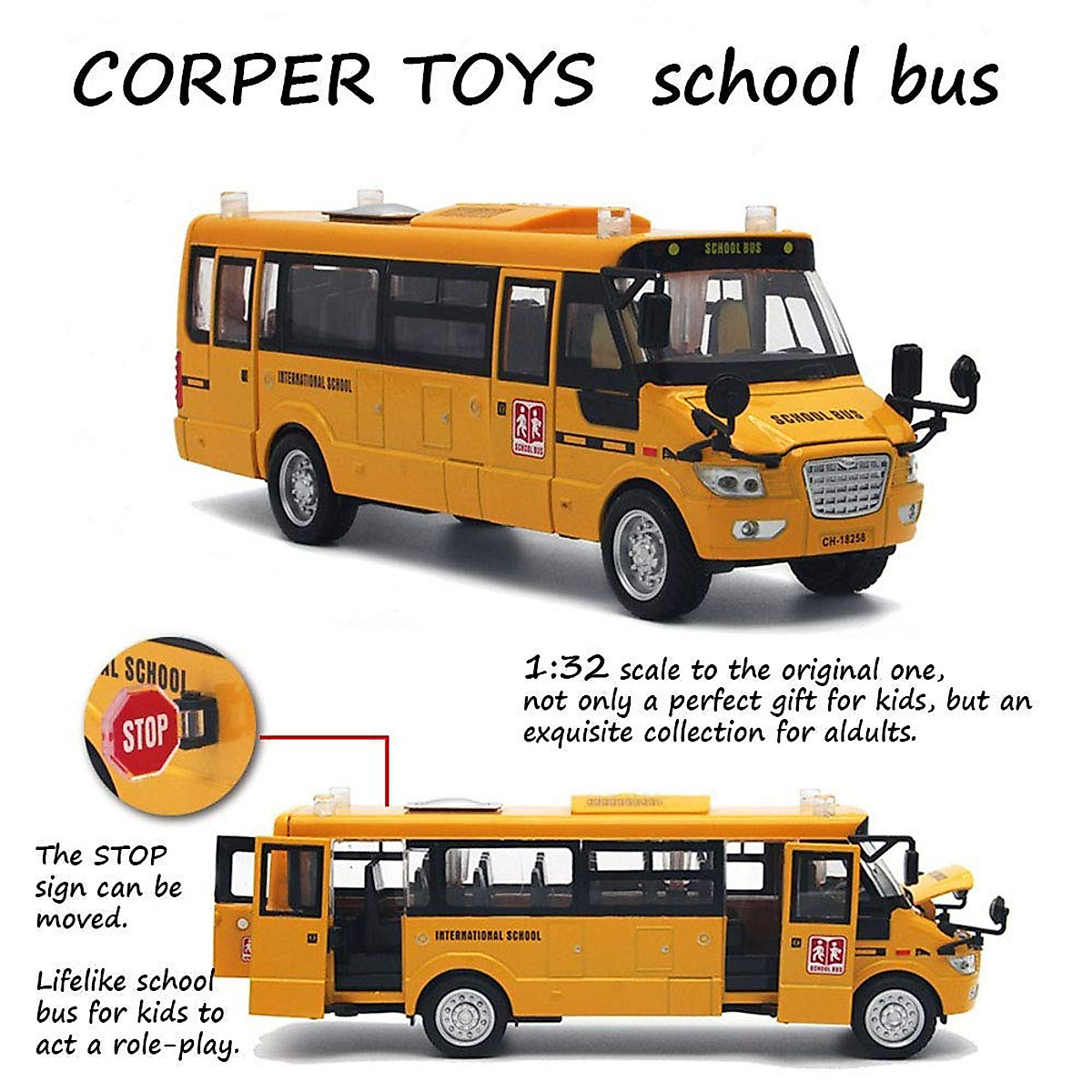 CORPER TOYS School Bus Toy Die Cast Vehicles Yellow Large Alloy Pull Back 9'' Play Bus with Sounds and Lights for Kids