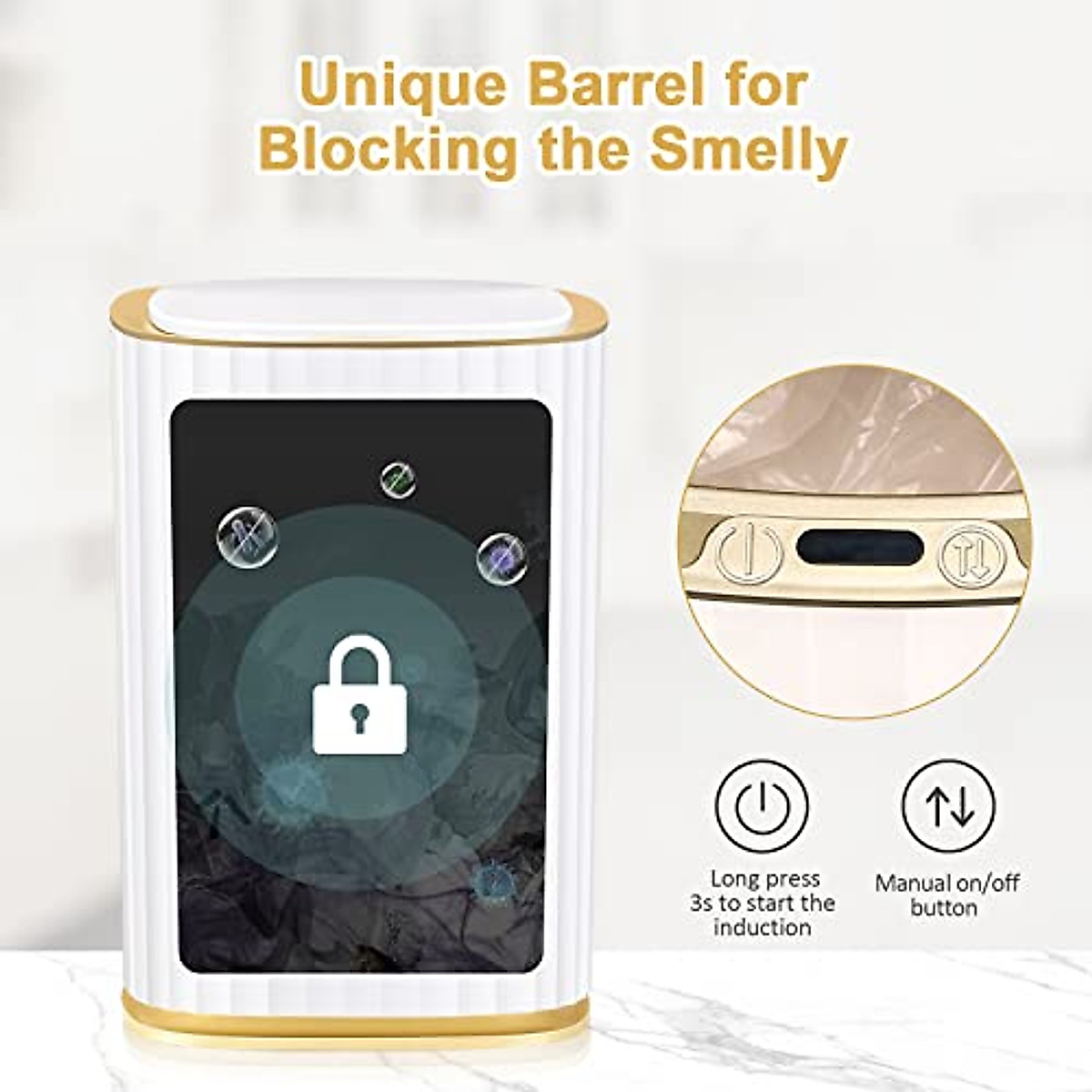 ELPHECO 3.5 Gallon Bathroom Trash Can, 13.5 Litre Bedroom Motion Sensor Trash Can with Lids, Automatic Waterproof Trash Can for Bathroom, Living Room, Bedroom, Office, White with Golden Trim