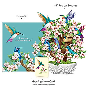 Airpark Pop Up Flower Cards, 16 inch 3D Pop-Up Paper Flower Bouquet, Peach Blossom&Bird, Ideal Creative Gift, Home Decor, Greeting Cards for Birthday, Graduation,Thank You