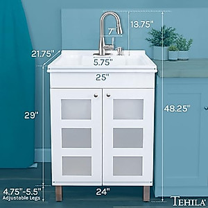 White Utility Sink in White Vanity, Stainless Steel Pull-Down Sprayer Faucet, Soap Dispenser and Spacious Cabinet by JS Jackson Supplies for Garage, Basement, Shop and Laundry Room