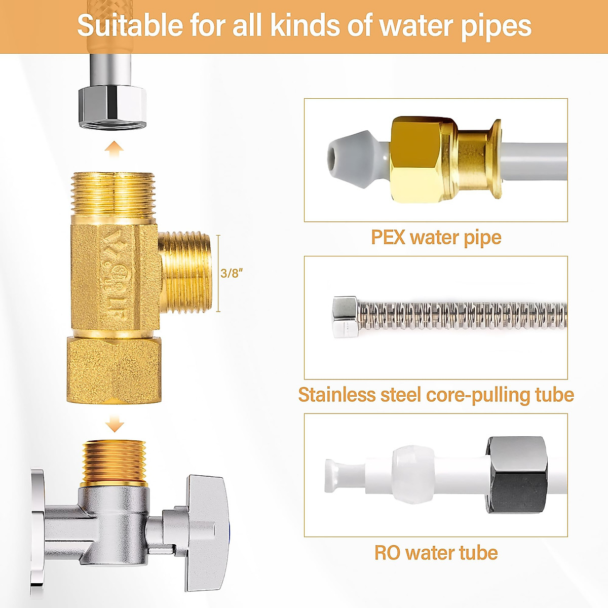 Breezliy Lead-Free Brass Angle Stop Add-A-Tee Valve,3/8-Inch Compression Inlet X 3/8-Inch Compression Outlet X 3/8-Inch Compression Outlet 2 Pack