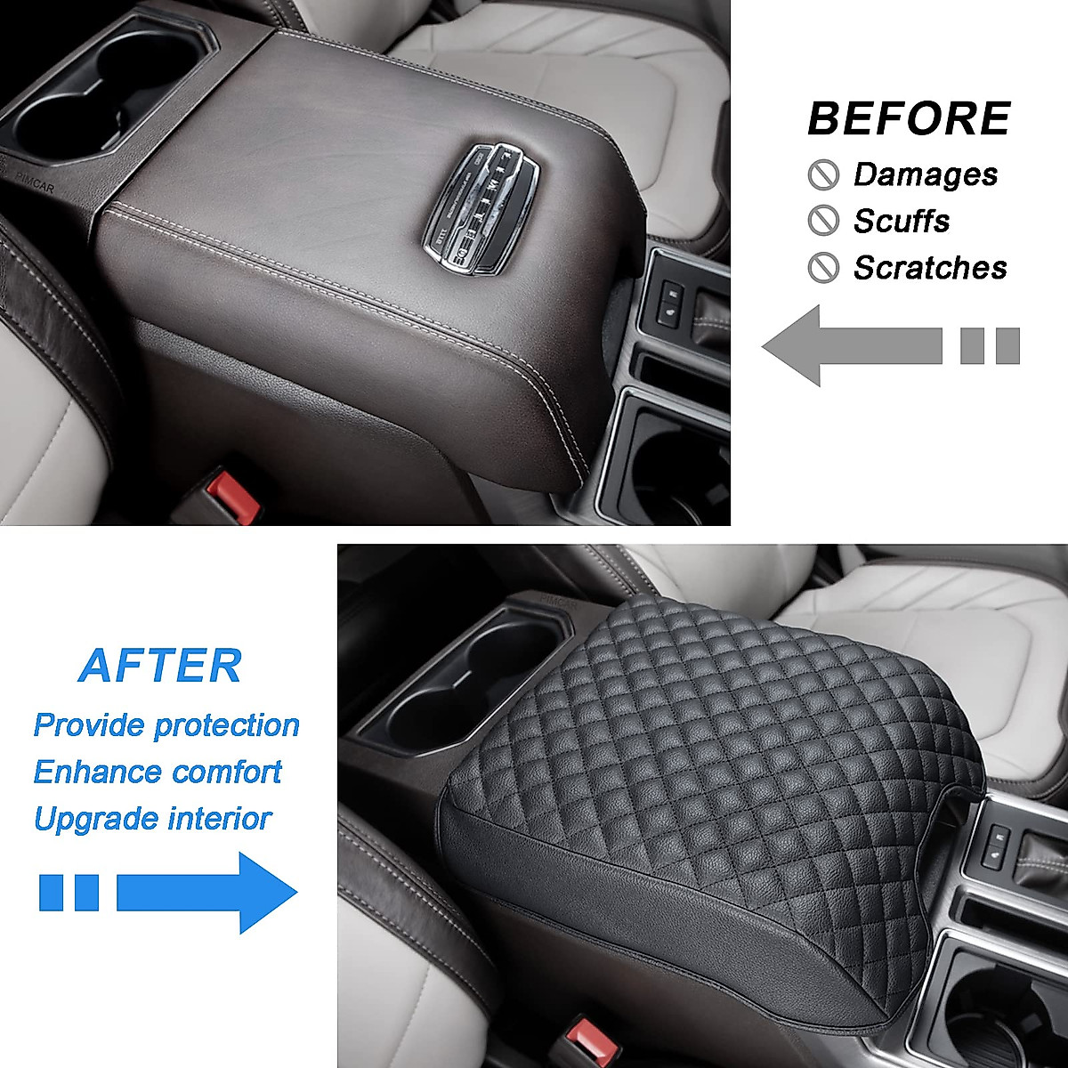 PIMCAR Center Console Cover Compatible with Ford 2015-2020 F150, 2017-2022 F250 F350 F450, 2018-2024 Expedition Interior Accessories Custom PU Leather Armrest Cushion Protector (Bucket Seat Only)