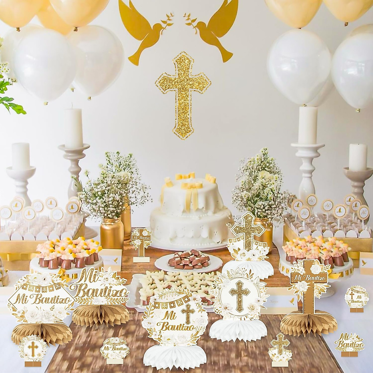 FFyhiinski Floral Mi Bautizo Honeycomb - 12P Christmas Cross Baptism Random Party Centerpiece Sage Glitter God White Religious Decor God Bless Confirmation Photo Props Girls Boys Birthday Baby Shower