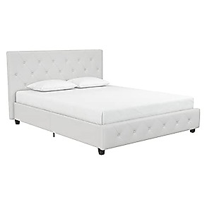 DHP Dakota Upholstered Platform Bed with Diamond Button Tufted Headboard and Footboard, No Box Spring Needed, Full, White Faux Leather