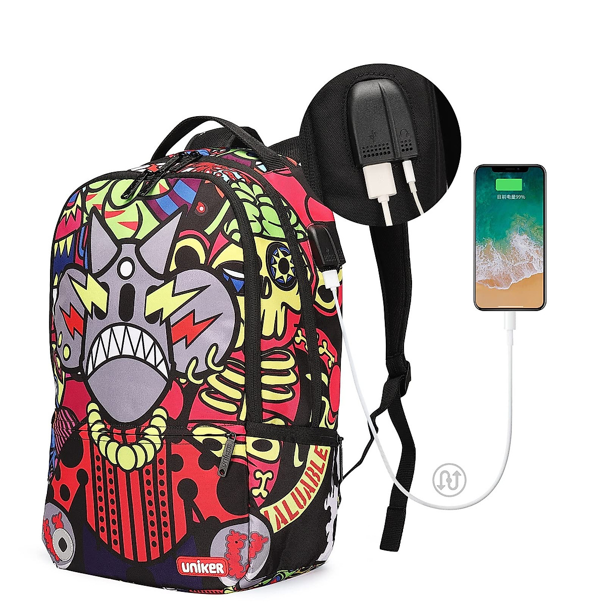 UNIKER Graffiti School Backpack for Teen Boys, 15.6 Inch Laptop Backpack with USB Charging Port, College Backpack with Reflective Straps for Safety