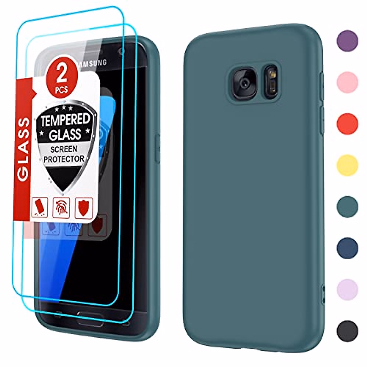LeYi for Galaxy S7 Case, Samsung S7 Phone Case with 2 Pack Tempered Glass Screen Protector for Women Men, Liquid Silicone Slim Silky-Soft Gel Rubber Phone Case Cover for Samsung Galaxy S7, Green