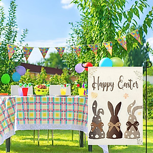 Happy Easter Bunnies Garden Flag 12 x 18 Inch Rabbit Garden Flag Double Sided Spring Garden Flag Burlap Small Polka Dots Brown Welcome Holiday Yard Flag for Easter Spring Holiday Outdoor Decor