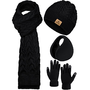 URATOT 4 Pack Winter Knitted Set Thick Knitted Beanie Hat Scarf Gloves Ear Warmer for Men or Women