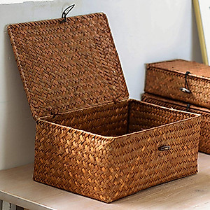 Cabilock 1pc Straw Storage Box Wicker Storage Basket Stacking organizing Basket Seagrass Storage Basket Woven Storage Bins Basket Organizer Cutlery Basket Desktop Natural Seagrass