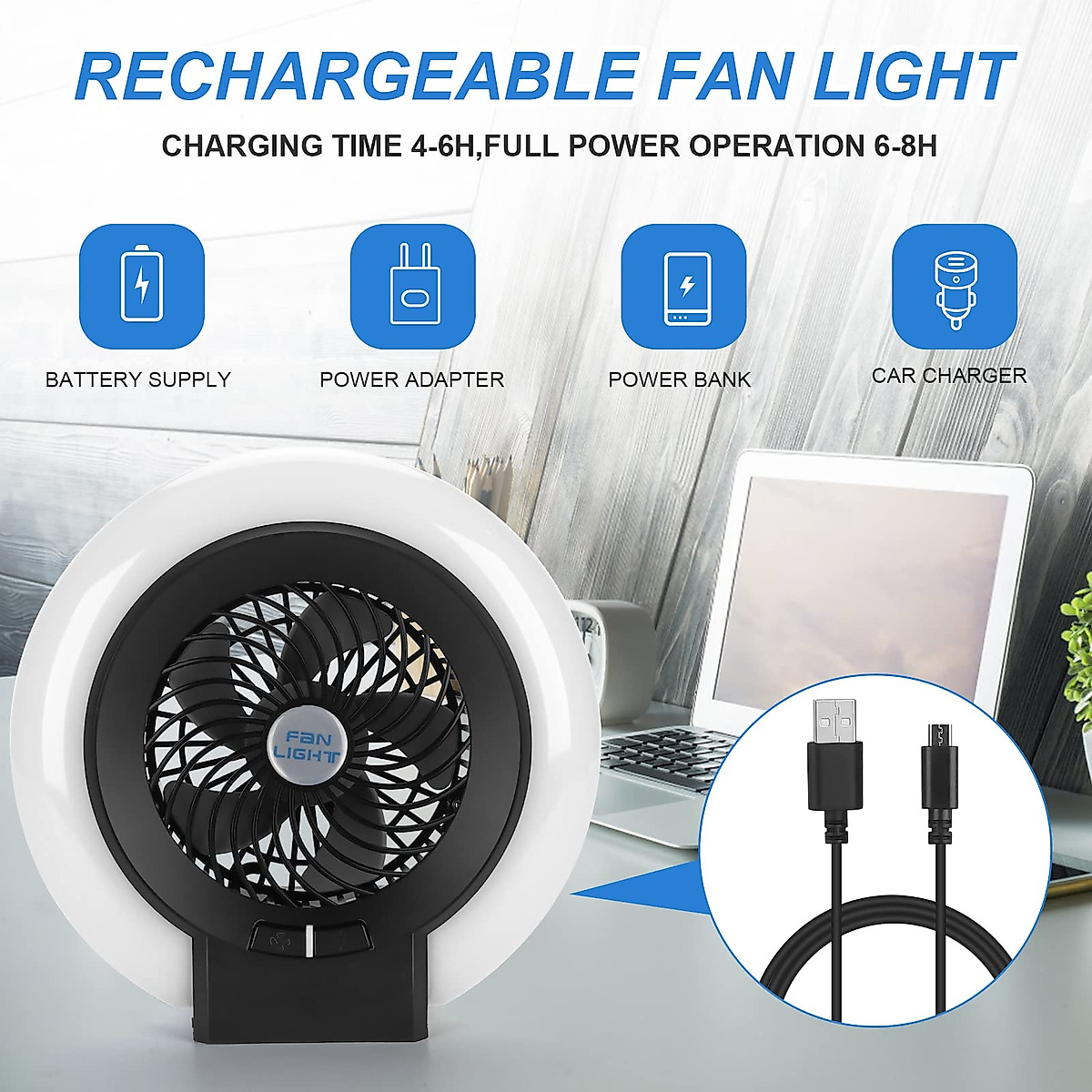 Camping Fan Light , Portable Camping Lantern with Fan ,Rechargeable Multi-Use Camping Fan with Built-in 21 High-Brightness White Lights for Tents, Hiking, Home, Office