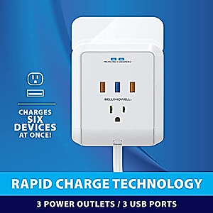 Bell + Howell Power Pro Outlet Extender, Wall Outlet Plug Extender, 4 Foot Extension Cord Surge Protector, 6 Total Ports 3 Plugs & 3 USB Charging Ports, 3 Prong Outlet Splitter, Multi Outlet Wall Plug