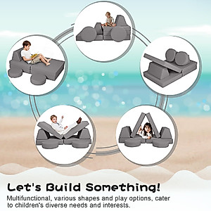 MeMoreCool Modular Toddler Couch Building Fort for Playroom, 8pcs Fold Out Baby Couch Play Set, Convertible Children Foam Couch, Grey