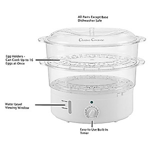 Classic Cuisine Food Steamer and Rice Cooker in one, Two-Tier Food Steamer for Healthy Meals anytime, cooks Vegetables, Fish, Dumplings, Eggs and more, 6.3 QT, Clear