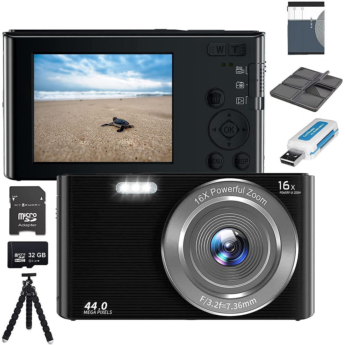 Acuvar 44MP Compact Point & Shoot Digital Camera, 16X Digital Zoom, 2.4 Inch Screen & 32GB SD Card, Card Reader, 6" Tripod & 6PC Card Holder Vlogging Camera for Kids Teens Students Boys Girl (Black)