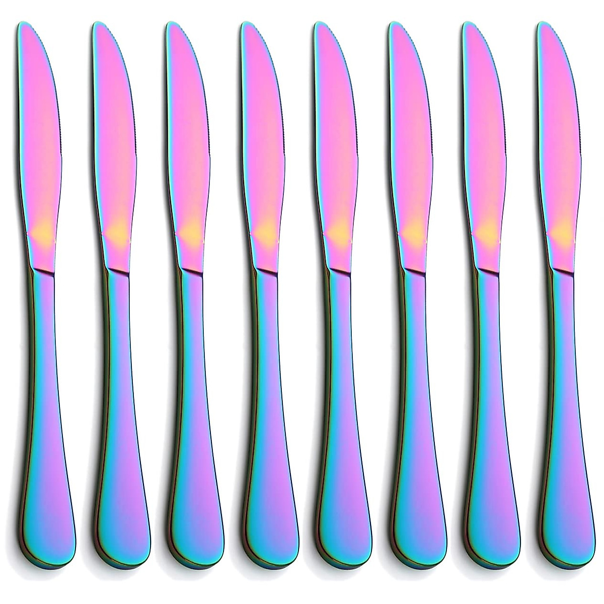 WYT Colorful Dinner Knives Set of 8, Stainless Steel Rainbow Premium Dinner Knife 9.1-Inche, Muticolorful 8-Piece Cutlery Dinner Knives, Mirror Polish, Dishwasher Safe…