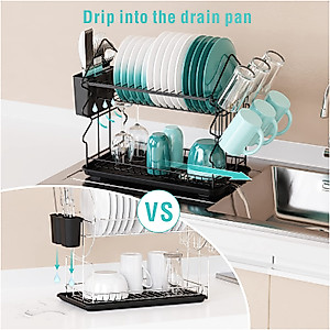 Veckle Dish Drying Rack for Kitchen Counter 2 Tier Small Dish Racks for Plates and Bowls Sets Rust-Resistant Dinnerware Drainer with Drainboard Tray, Glass Holder and Utensil Holder, Black