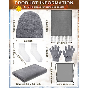 Jecery 72 Pieces Homeless Care Package Supplies Winter Coral Fleece Blanket Gloves Socks Beanies Scarves and Drawstring Bags Bulk for Winter Homeless Care