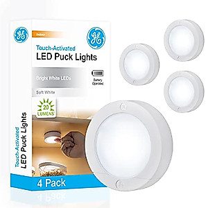 GE Wireless LED Puck Lights, Battery Operated, 20 Lumens, Touch Light, Tap Light, Stick On Lights, Under Cabinet Lighting, Ideal for Kitchen Cabinets, Closets, Garage and More, 4 Pack, 45997