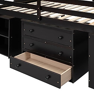 BIADNBZ Full Size Low Loft Bed with Storage Stairs, Retractable Writing Desk and 3 Drawers, Wooden Loftbed with Shelves for Kids Boys Girls Bedroom, Espresso