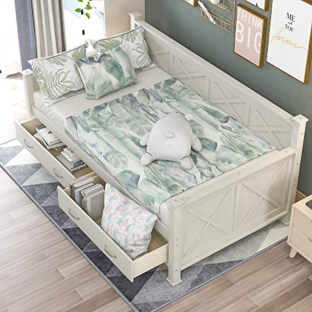 Bellemave Twin Daybed Frame with Storage Drawers,Wood Platform Beds Captain Sofa Bed for Kids,Bedroom,Living Room(Cream White)