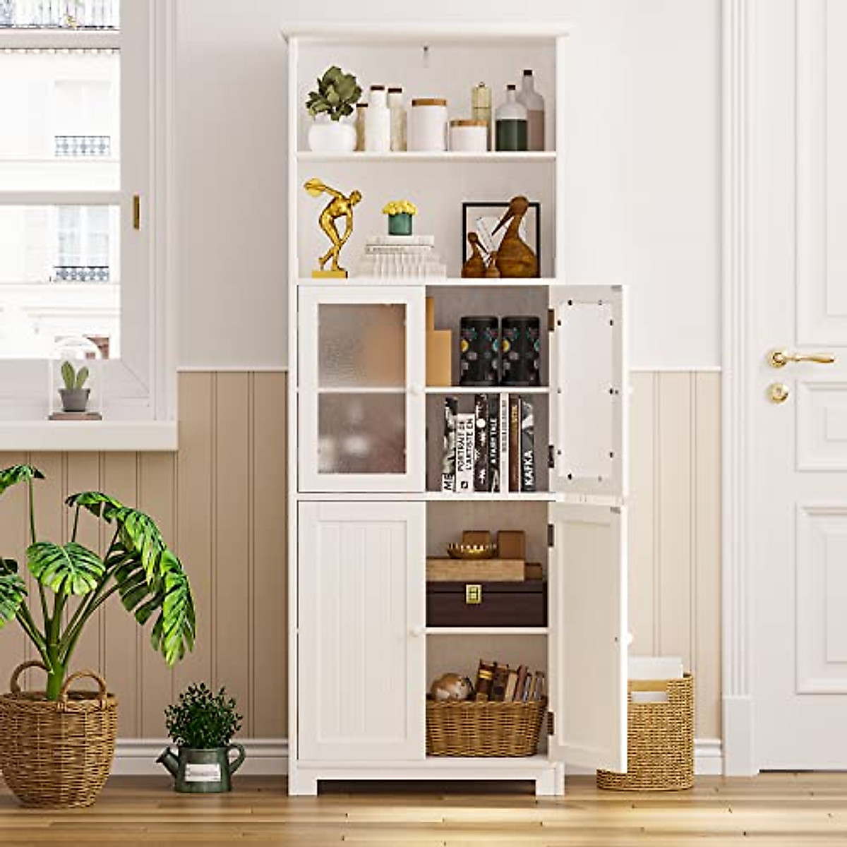 ADORNEVE 64" Bathroom Storage Cabinet, Linen Cabinet with 2 Doors, Tall Storage Cabinet with 2 Open Compartments & Adjustable Shelves for Bathroom, Living Room, Office, White