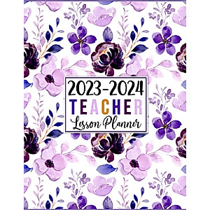 Teacher Lesson Planner 2023-2024: Large Weekly and Monthly Teacher Organizer Calendar | Lesson Plan Grade and Record Books for Teachers (Purple & Brown Watercolor Flowers)