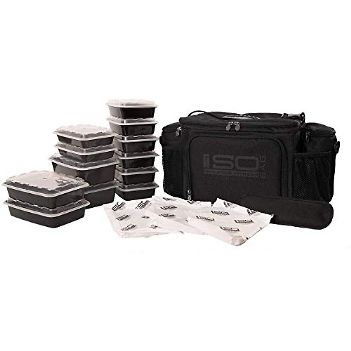 Meal Prep Lunch Box ISOBAG - Large Insulated 6 Meal Prep Bag/Cooler with 12 Containers, 3 Ice Packs & Shoulder Strap (Blackout) - Made in USA
