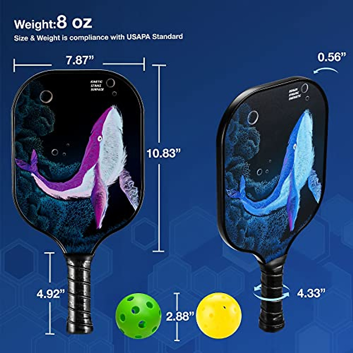 Pickleball Paddles Set of 2 Premium Fiberglass Surface Pickleball Rackets, 4 Pickle Balls, 2 Wrist Bands & 1 Shoulder Bag, 4.9" Cushion Comfort Grip, Pickleball Gifts for Men Women
