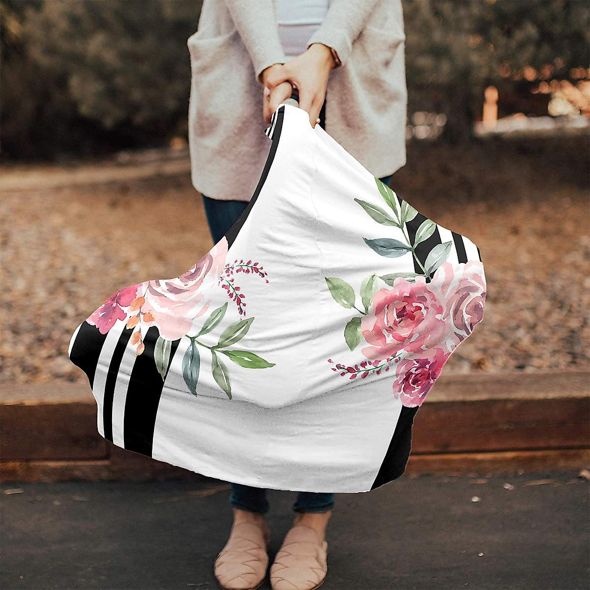 Baby Nursing Cover Carseat Canopy Spring Watercolor Blossom Pink Flowers Breathable Privacy Breastfeeding Scarf White and Black Stripe Multi Use Car Seat Covers for Boys or Girls