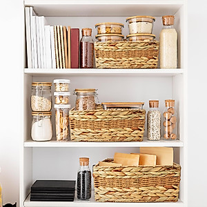 QLoztyse Wicker Baskets for Storage - Water Hyacinth Storage Baskets for Organizing with Built-In Handles and Lids Shelves Handwoven Pantry Basket Rectangular Basket for Shelf Storage - 3 Pack