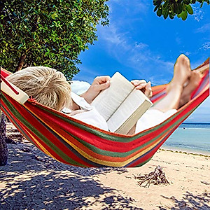 HappyGo Camping Hammock Canvas Fabric Hammock 550lbs with Anti Roll Balance Bar and Tree Strap Cotton Hammock for Camping, Backyard, Garden, Beach, Patio Gift