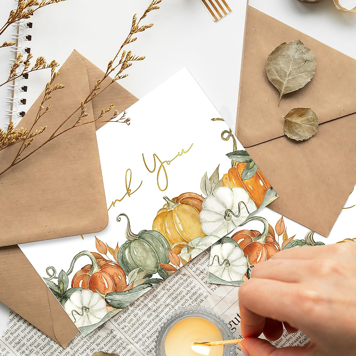 Whaline 32 Packs Fall Pumpkin Gold Foil Thank You Cards Autumn Watercolor Greeting Cards Blank Note Cards with Envelopes and Stickers for Thanksgiving Birthday Baby Shower Party, 4 x 6 Inch