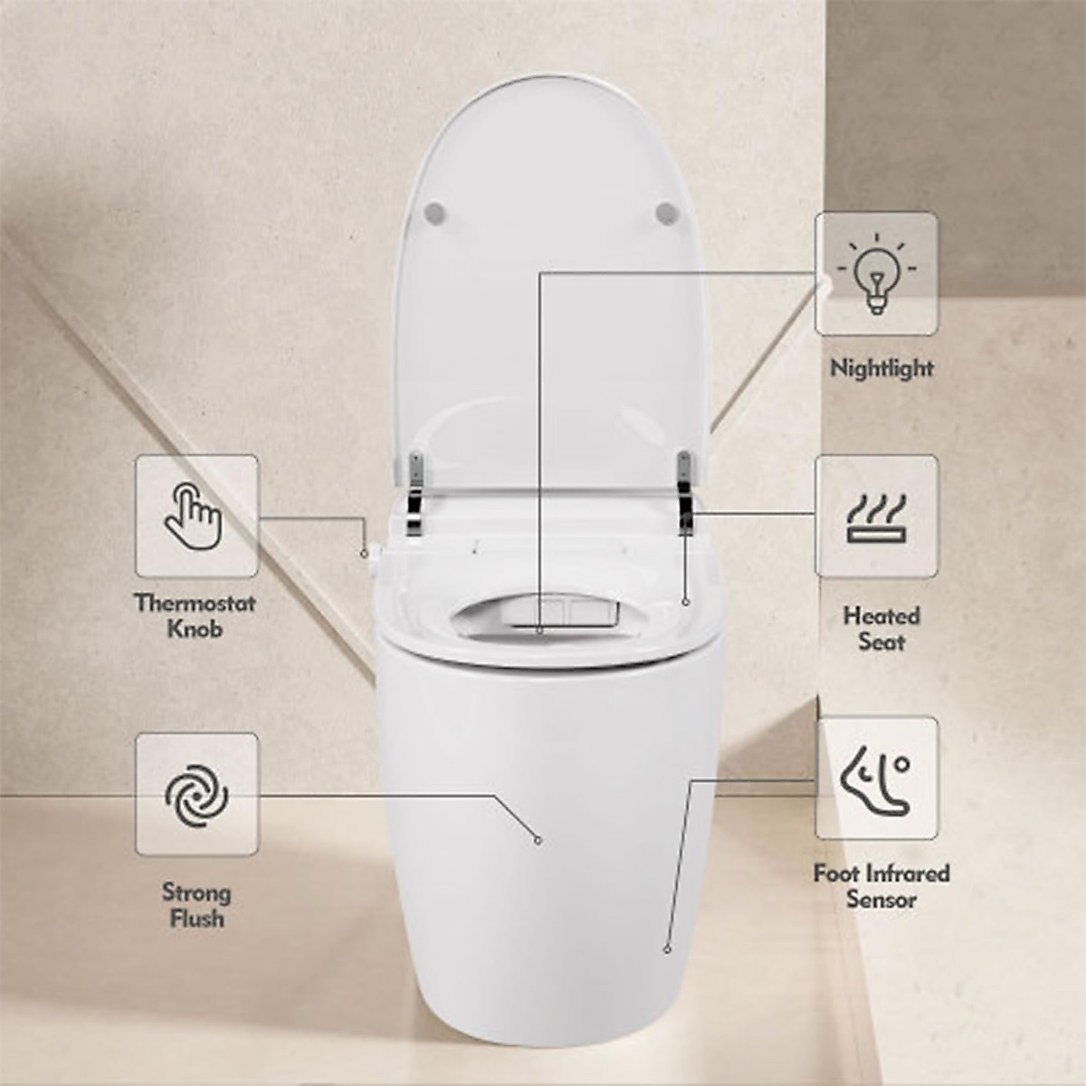 Heated Seat Smart Toilet, Modern Elongated Toilet with Warm Water, Dual Auto Flush,Foot Sensor Operation,Heated Bidet Seat, Automatic Flush Tank Less Toilet without Bidet (A)