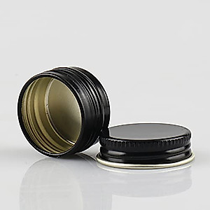 DLIBUY 100 Pcs 5ml 5g Empty Round Glossy Black Aluminum Tin Jars with Screw Lids Cosmetics Lip Balm Containers Pots for DIY Candle Salve Powder Crafts Storage Cans 3x Alu Spoon, 100x Ø 2cm Labels