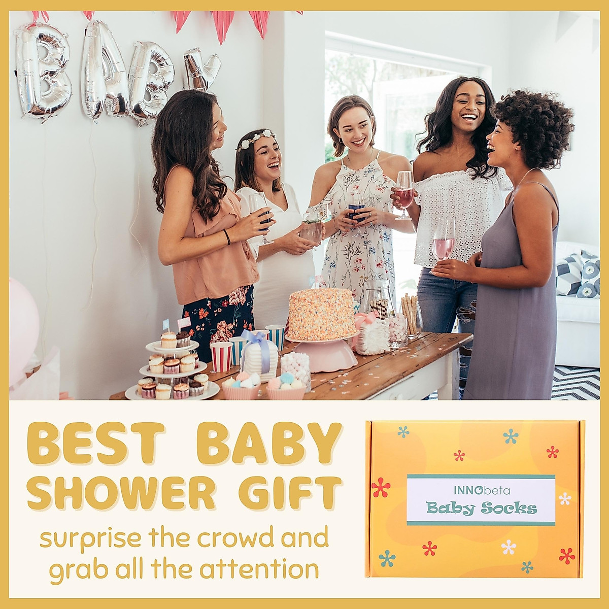 InnoBeta Baby Socks Set with Funny Quotes (4 Pairs) Newborn/Infant Socks for Baby Shower, Gender Reveal 3-12 Months, Gender Neutral