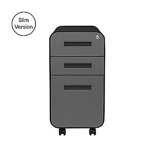 Laura Davidson Furniture Stockpile Slim 3-Drawer Mobile File Cabinet with Lock - Under Desk Metal Filing Cabinet, Legal/Letter File Folders, Wheels and Stationary Feet, Pre-Assembled, Black/Grey