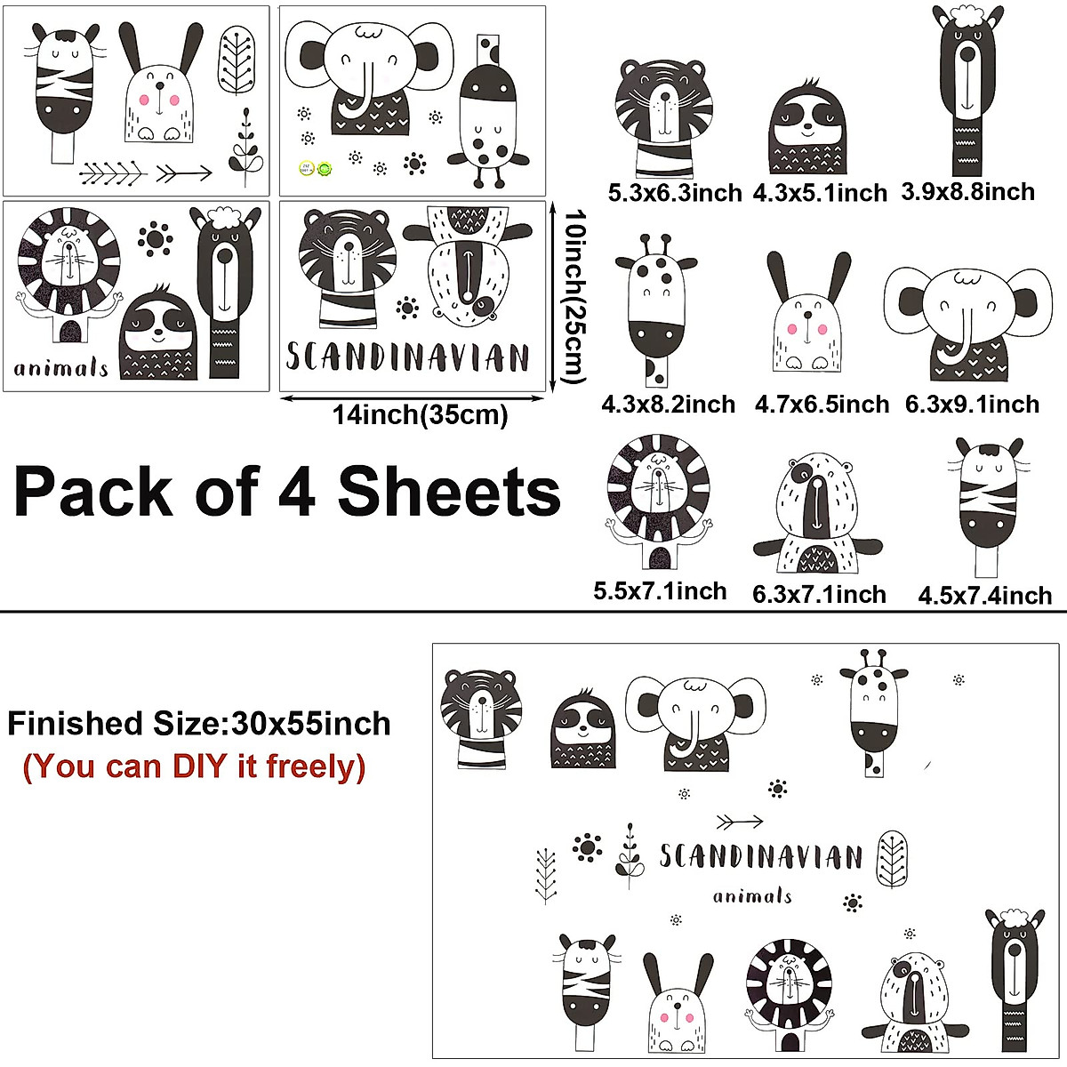 Maydahui Safari Jungle Animal Wall Decals Scandinavian Style Woodland Black White Animal Wall Sticker(55x30 Inch) Peel Stick Removable Art Decal Decor for Baby Kids Bedroom Nursery Changing Table