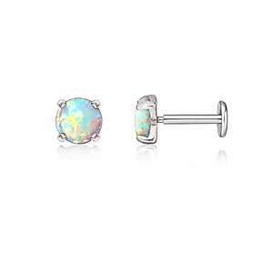 Limerencia G23 Hypoallergenic 18g Flat Back Stud Earrings | F136 Implant Grade Titanium Press Fit Threadless Push Pop in Cartilage Helix Labret Lip Monroe Tragus Piercing Studs (4mm White Opal Silver)