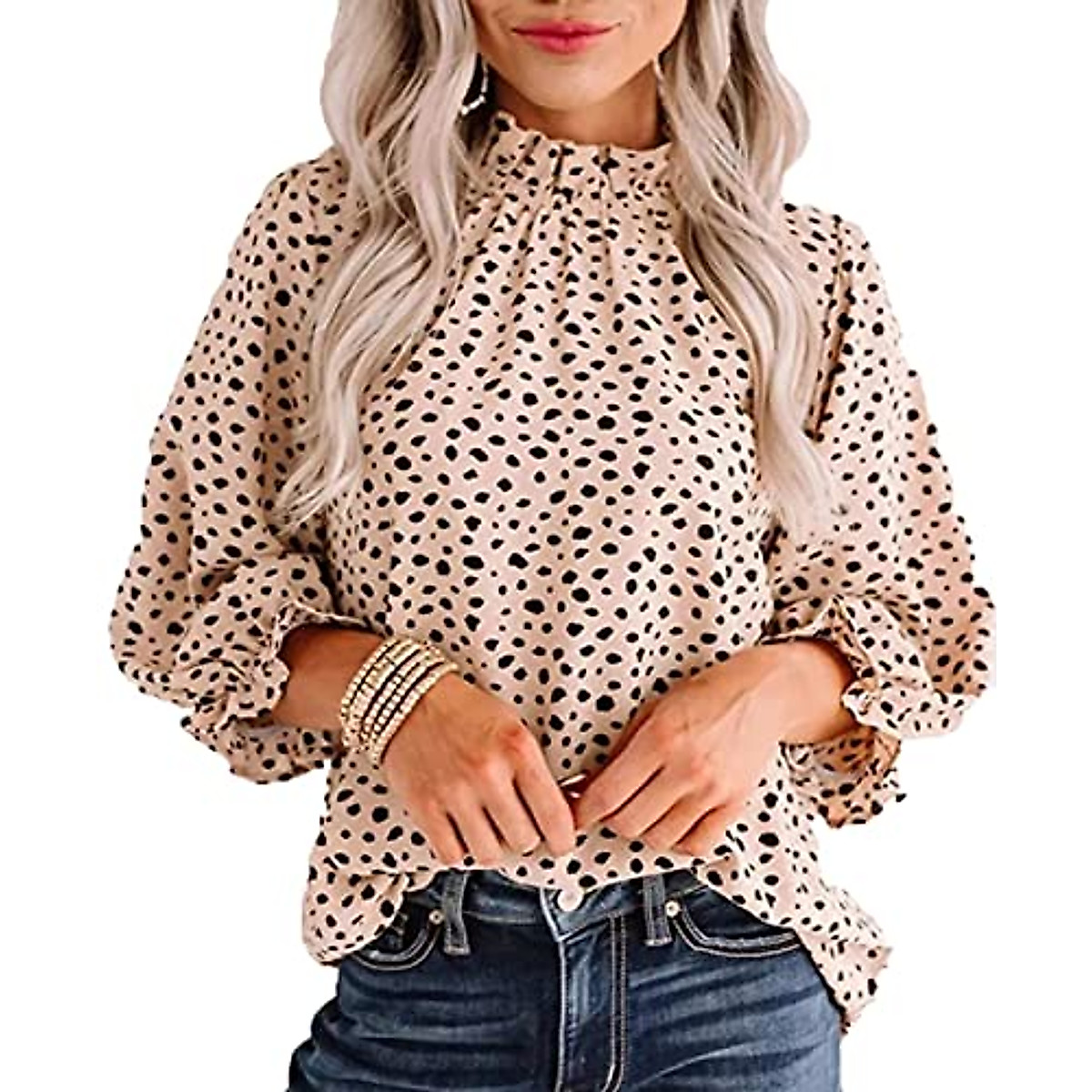 Avanova Women's Leopard Printed Ruffle Hem 3/4 Sleeve Mock Neck Elegant Work Blouses Top Beige Small