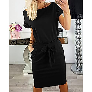 PRETTYGARDEN Women's Summer Short Sleeve Crewneck Striped Dress Basic Solid Tie Waist Office T Shirt Dresses Pockets Black