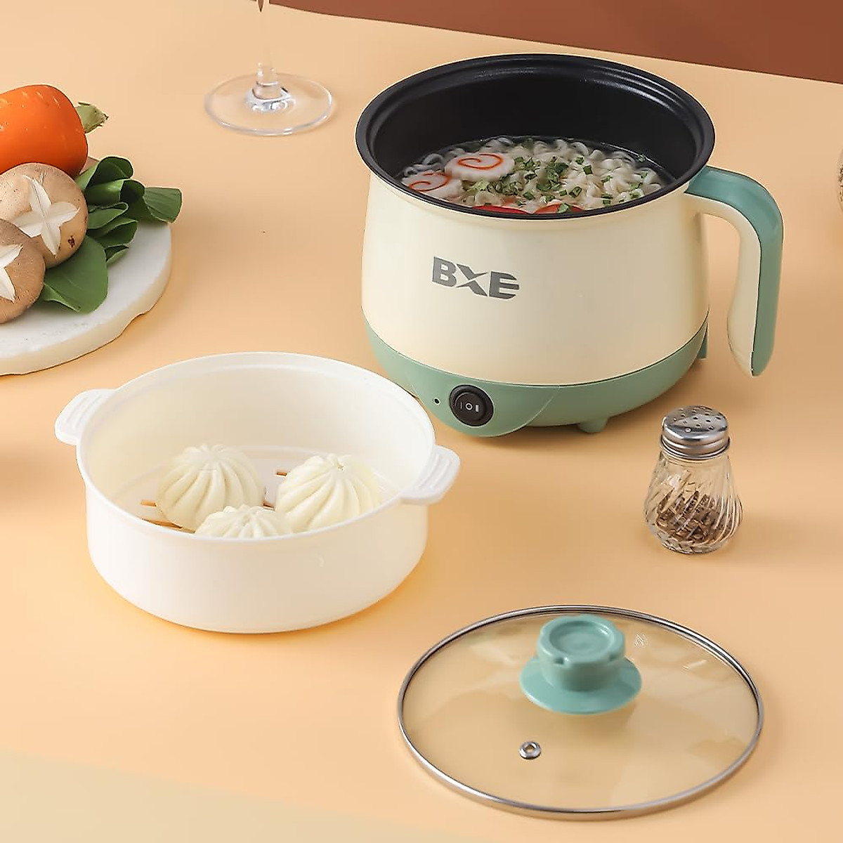 BXE 6-in-1 kitchen Electric Electric Hot Pot, Portable Multi Functional Travel Cooker Auto Power Off Rapid Heating Compact and Portable ，1.5L Rapid Noodles Cooker, Non-Stick Electric Pot Perfect for