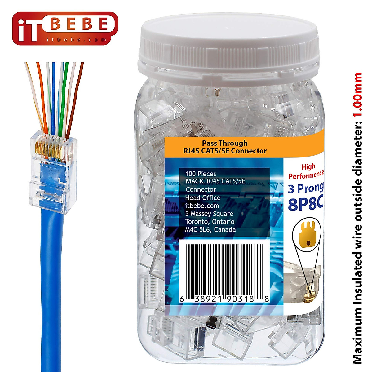 ITBEBE Gold Plated 100 Pieces End Pass Through RJ45 Cat5 Cat5e Connector by itbebe (Cat5/5e 100 Pieces)