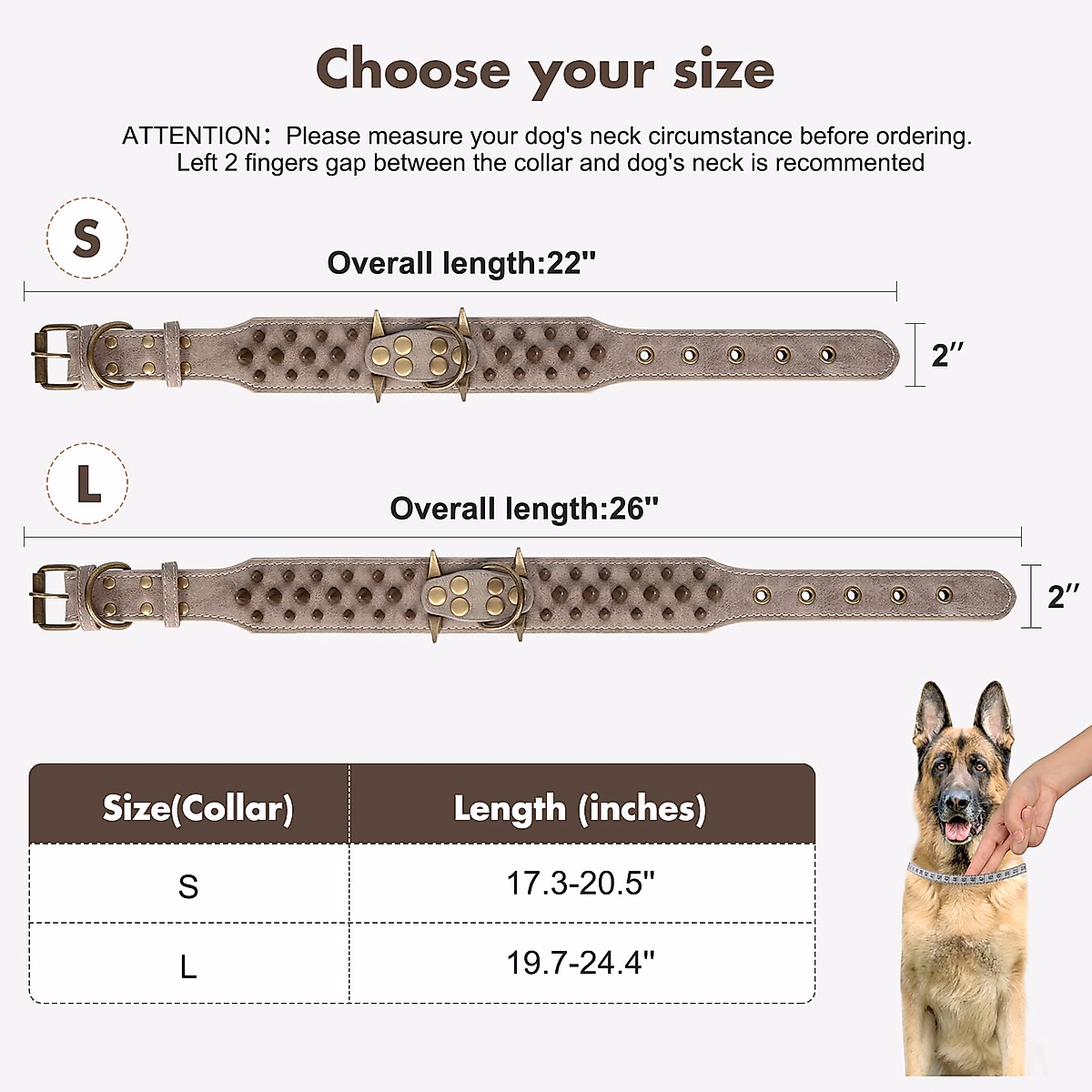 Spiked Studded Dog Collar, WANYANG Big Sharp Spike Dog Collars, Geniune Leather, Neck Protection from Bite, Adjustable, Fit Pitbull Doberman German Shepherd, for Medium Large Dogs